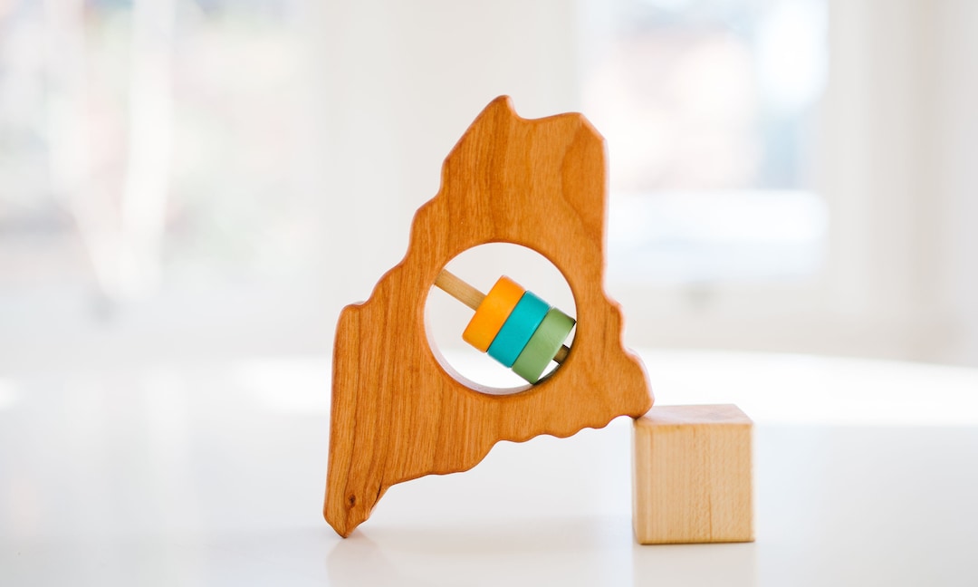 Maine State Baby Rattle: Modern Wooden Toy, Organic Cherry Wood - Etsy