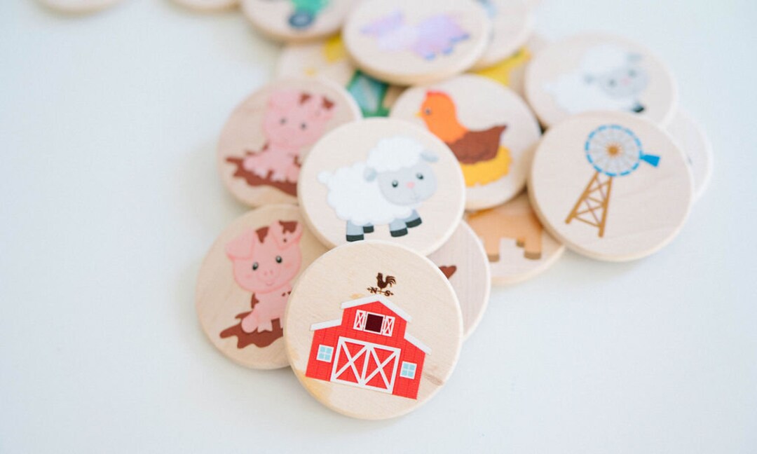 On the Farm Wooden Memory Matching Game for Kids, Homeschool, Preschool ...