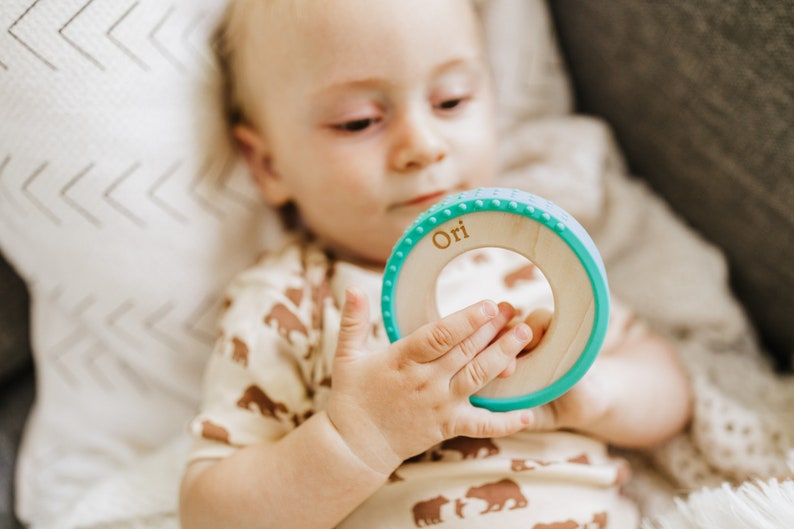 Silicone Wrapped Wood Baby Teether Ring, Sensory Toy - Etsy