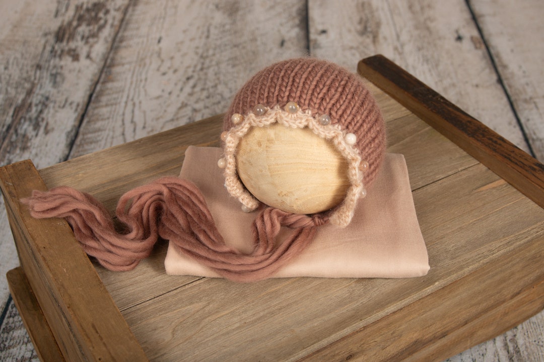 2 Piece Stretchy Wrap & Beaded Bonnet Set, Rosey Brown and Beige Color ...