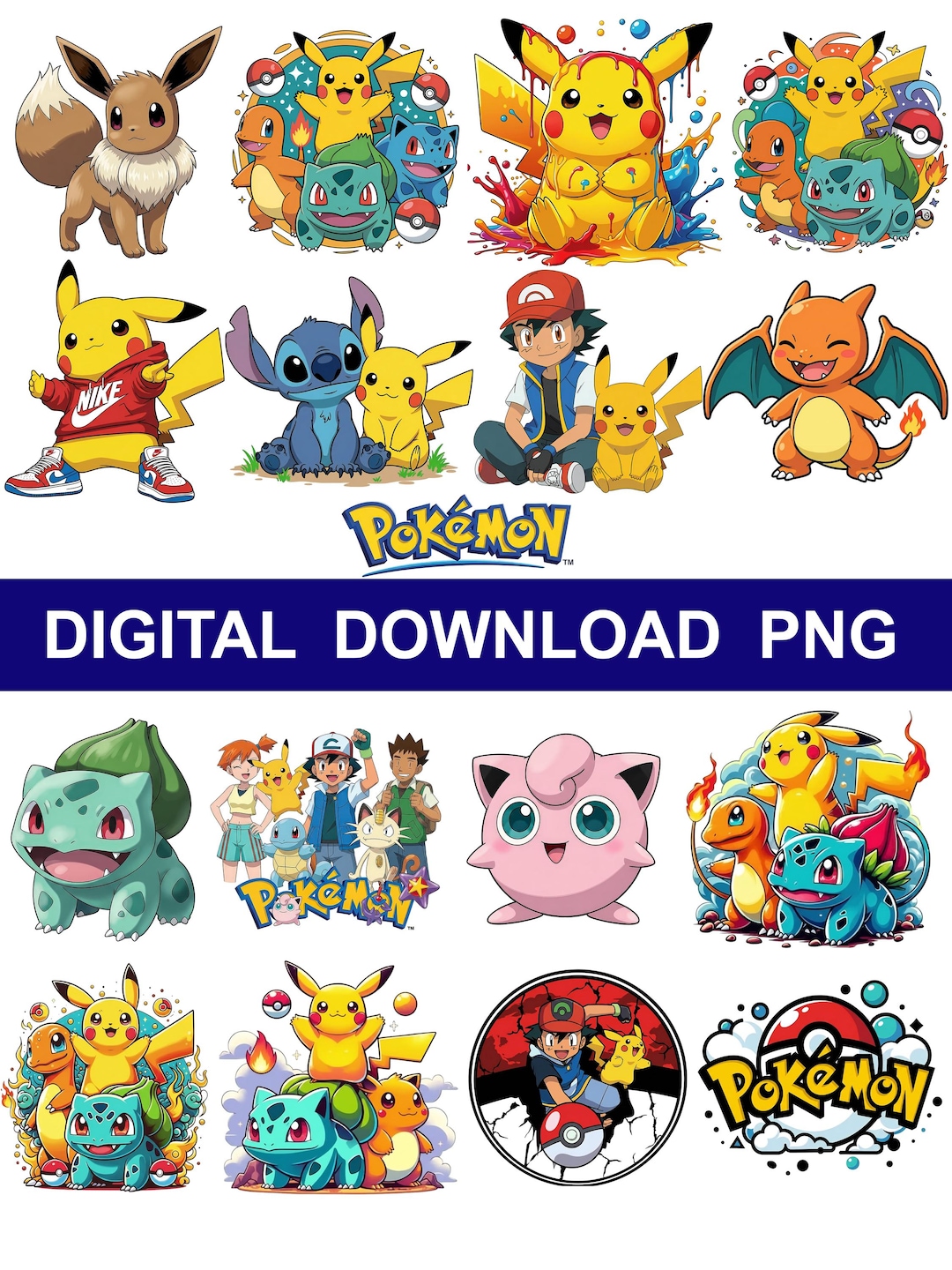 Pokemon Clipart PNG Bundle, Pikachu Character Images, Cartoon PNG Files ...