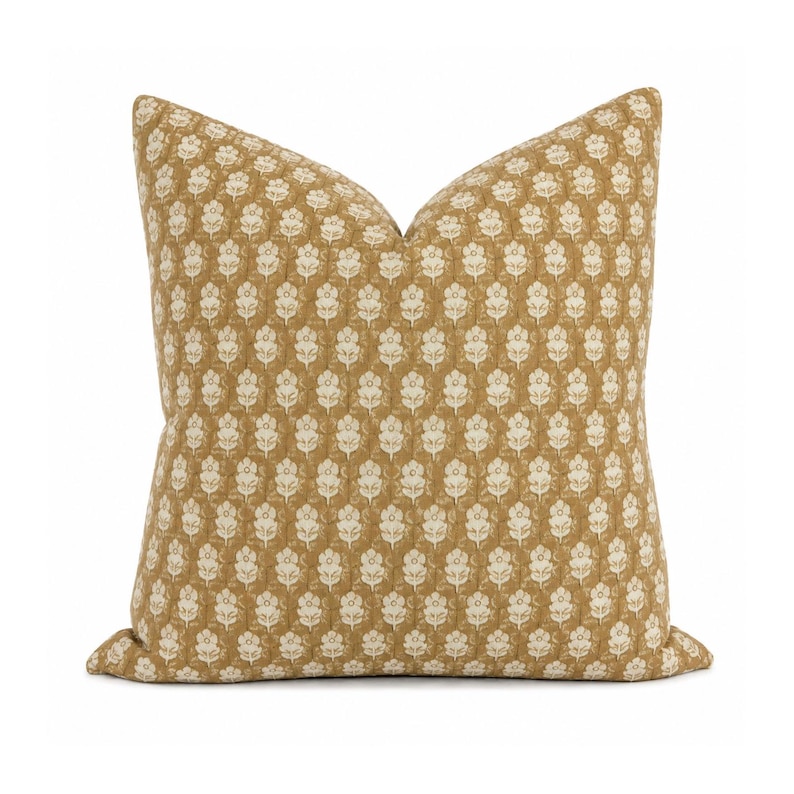 Hand Block Printed Organic Cotton Pillow Cover, Yellow Floral Boho Home ...