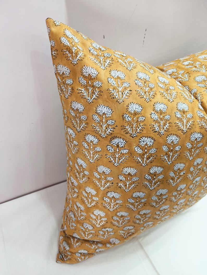 Mustard Block Print Pillow Cover, Organic Cotton Floral Cushion, Boho ...