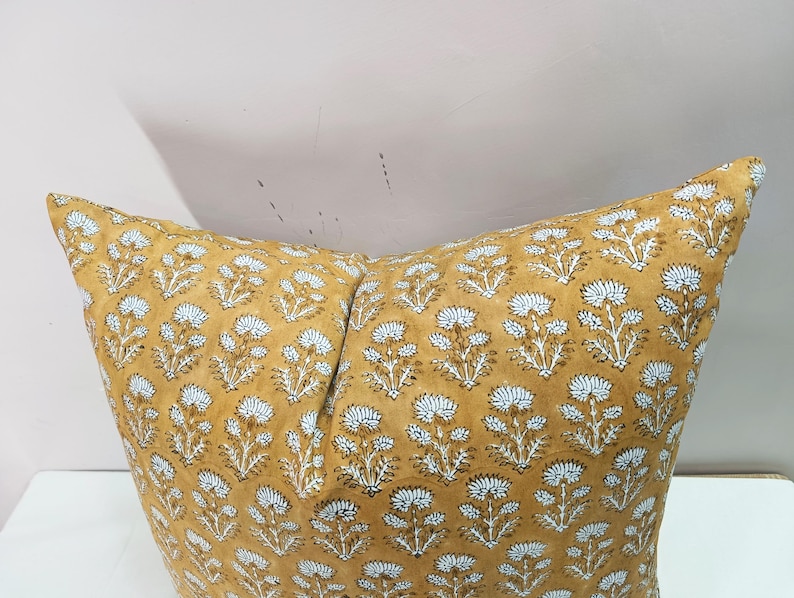 Mustard Block Print Pillow Cover, Organic Cotton Floral Cushion, Boho ...