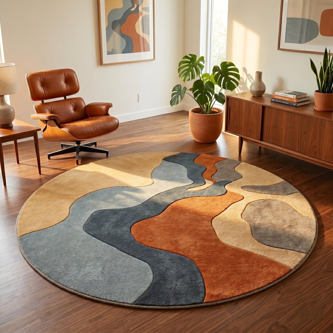Round Abstract Rug, Modern Tufted Area Rug, Handmade Wool Rug, Luxury ...
