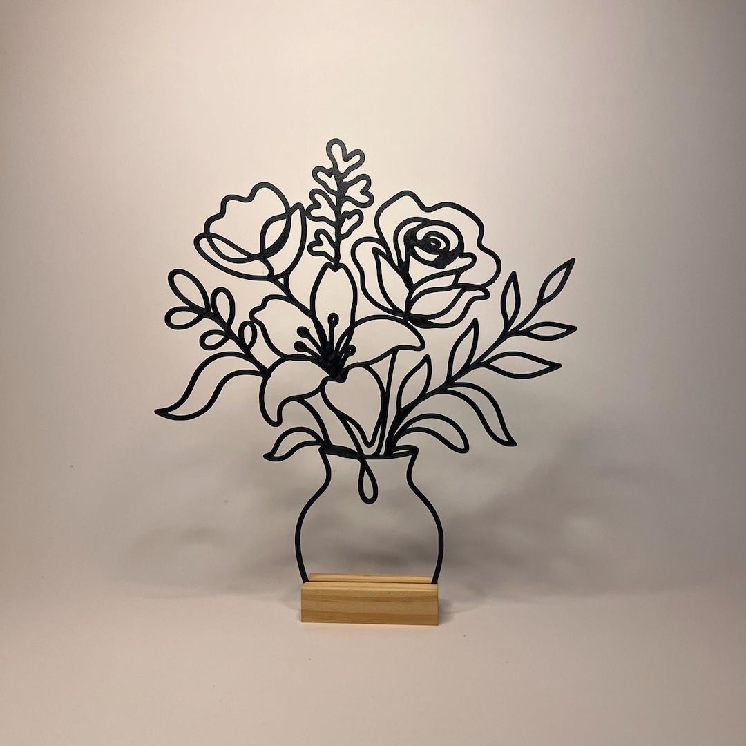 Housewarming Gift | Line Art Bouquet | Table Decoration With Wooden ...