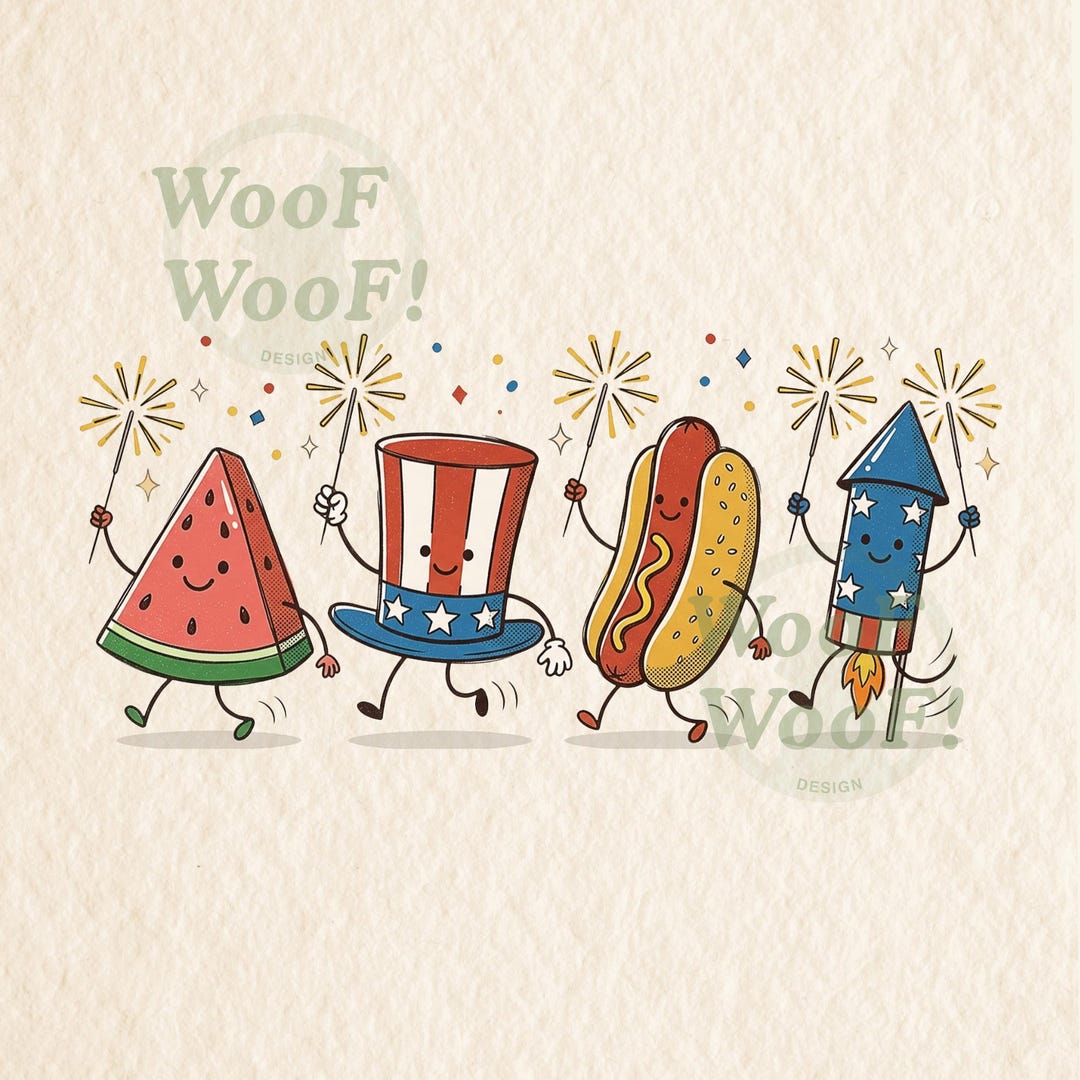 Retro Patriotic Characters PNG: Watermelon, Hot Dog, Firework (digital ...