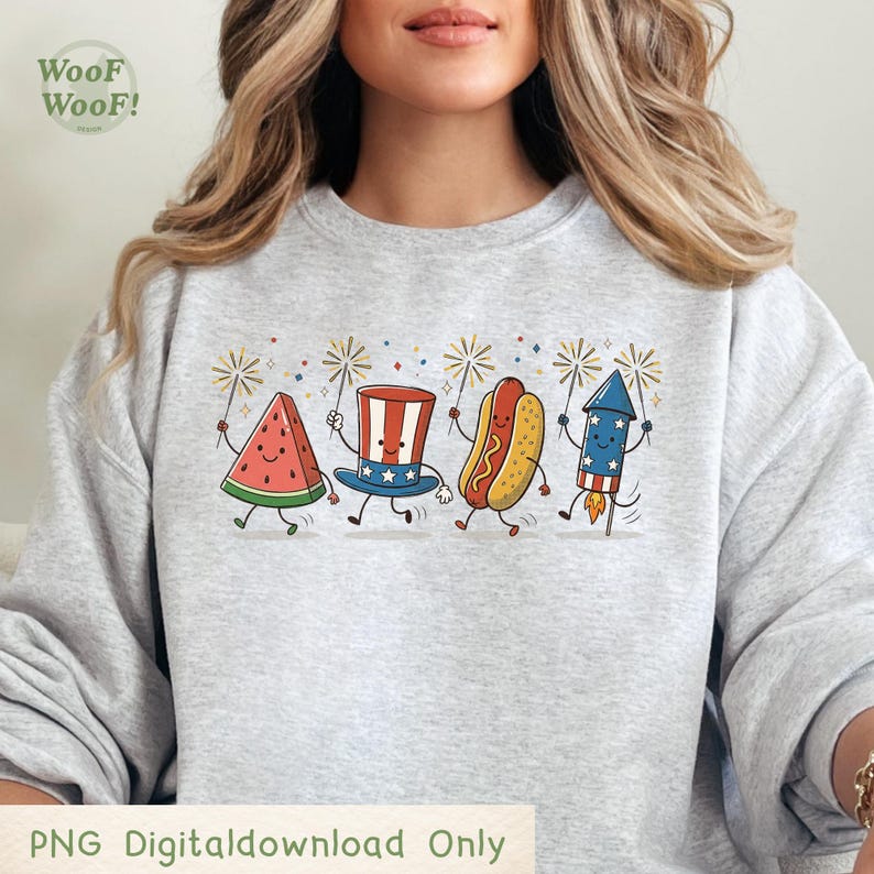 Retro Patriotic Characters PNG: Watermelon, Hot Dog, Firework (digital ...