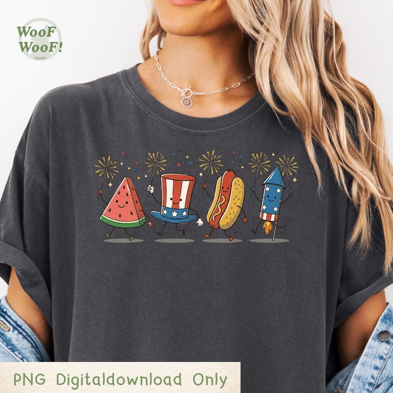 Retro Patriotic Characters PNG: Watermelon, Hot Dog, Firework (digital ...