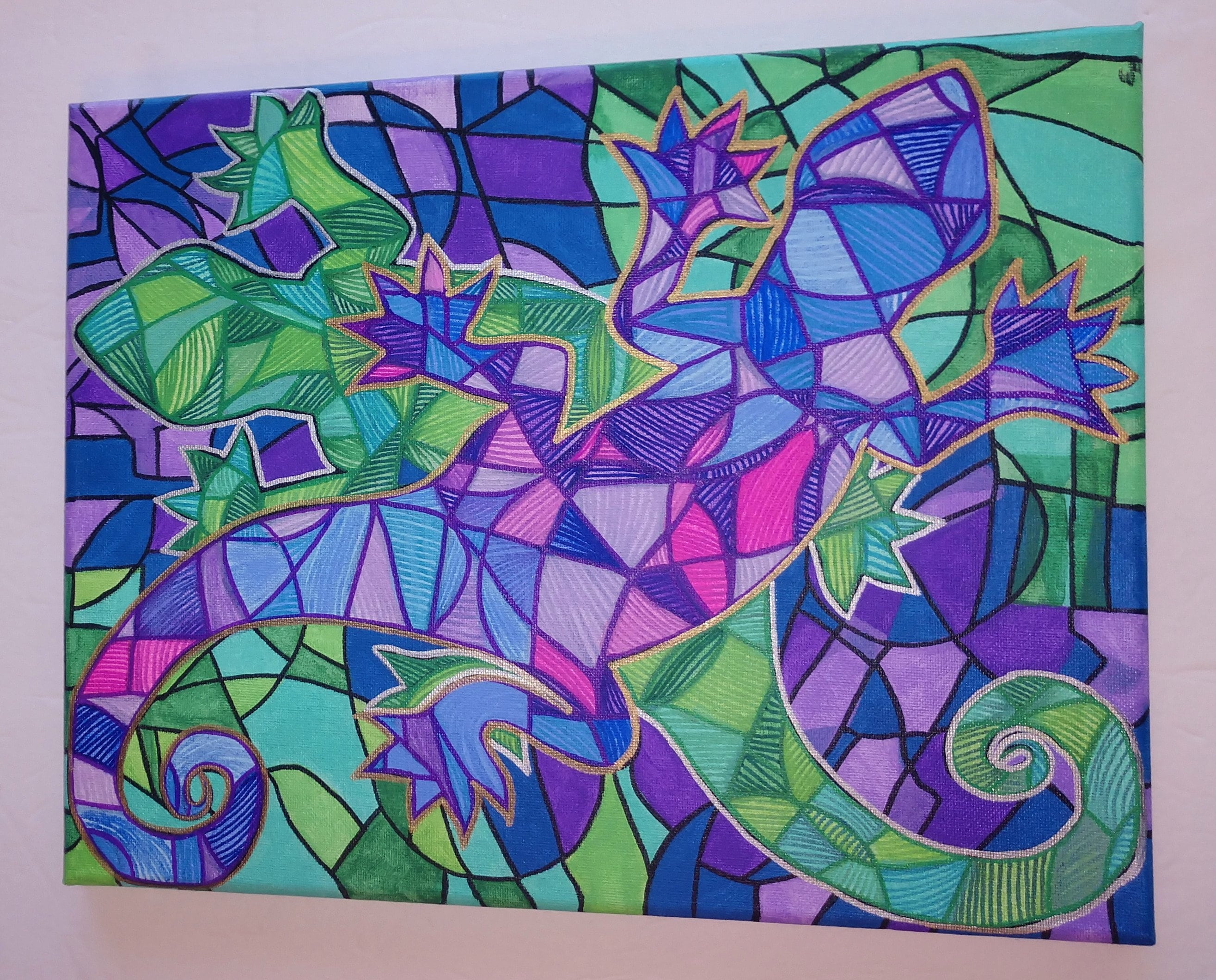 Painting of Geckos , Abstract Style Artwork of Purple and Green Geckos ...
