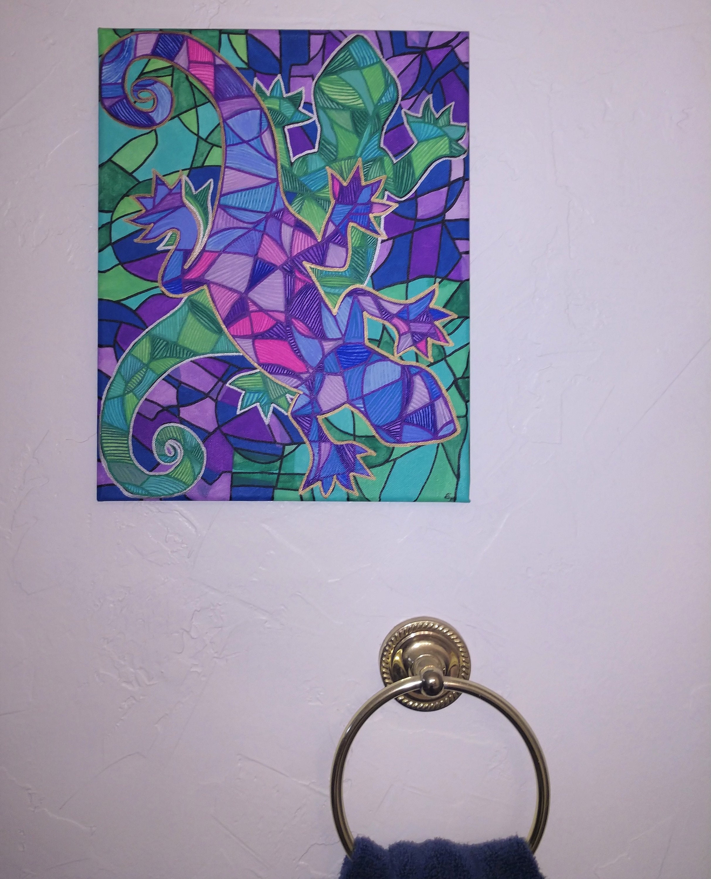 Painting of Geckos , Abstract Style Artwork of Purple and Green Geckos ...