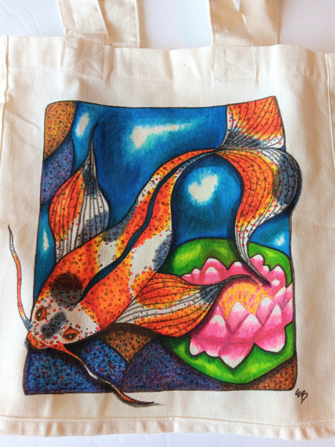 Hand-painted Koi Fish Canvas Tote Bag: Lotus Pond Reusable Bag 14x13x7 ...