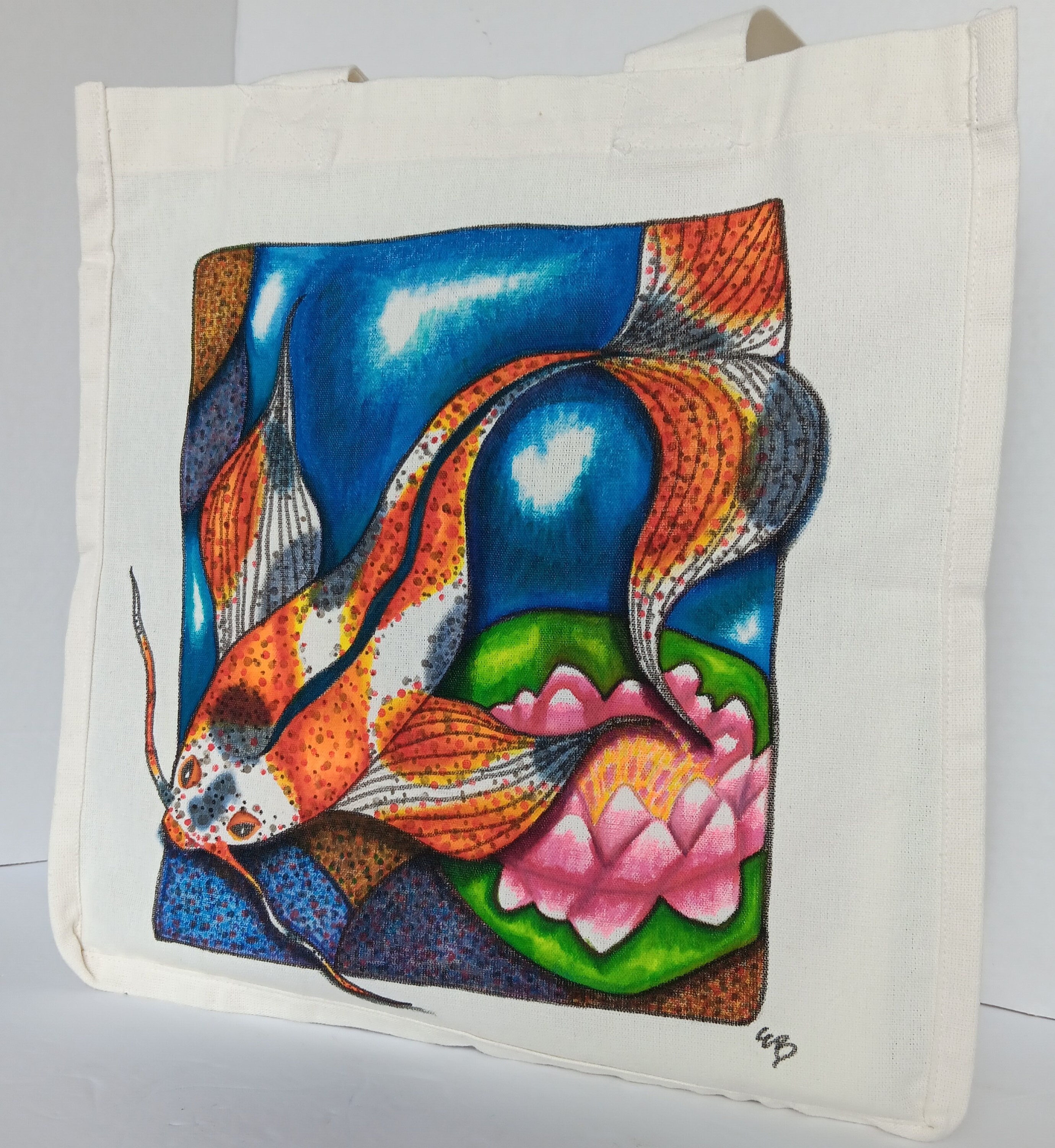 Koi Fish Tote Bag , Canvas Reusable Bag With Hand Drawn Orange and ...