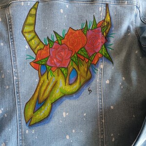 Hand Painted Jeans Jacket With Pink Roses and Yellow Cow Skull ...