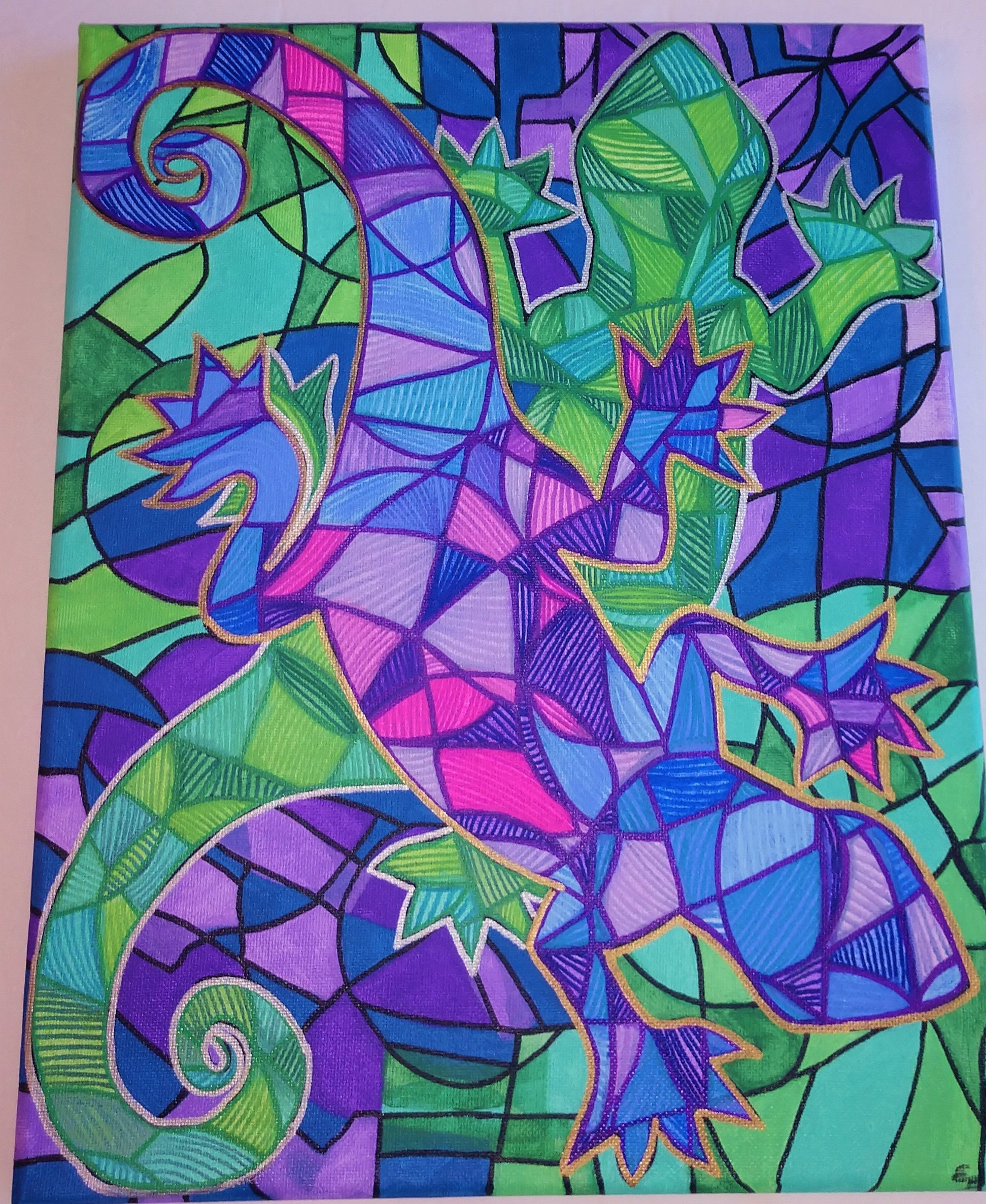 Painting of Geckos , Abstract Style Artwork of Purple and Green Geckos ...