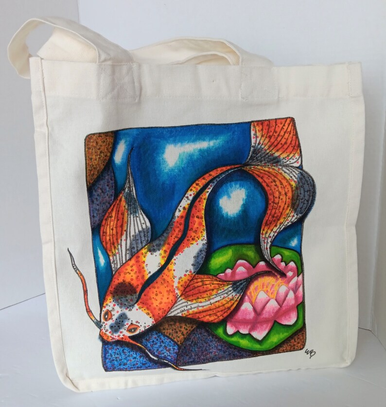 Hand-painted Koi Fish Canvas Tote Bag: Lotus Pond Reusable Bag 14x13x7 ...