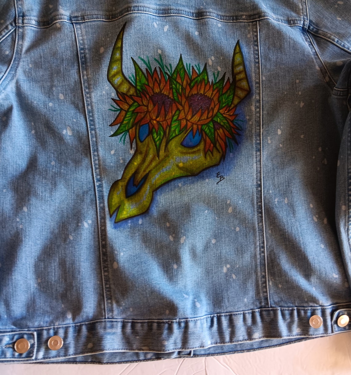 Stretch Jean Jacket With Hand Painted Cow Skull Sunflowers , Ladies ...