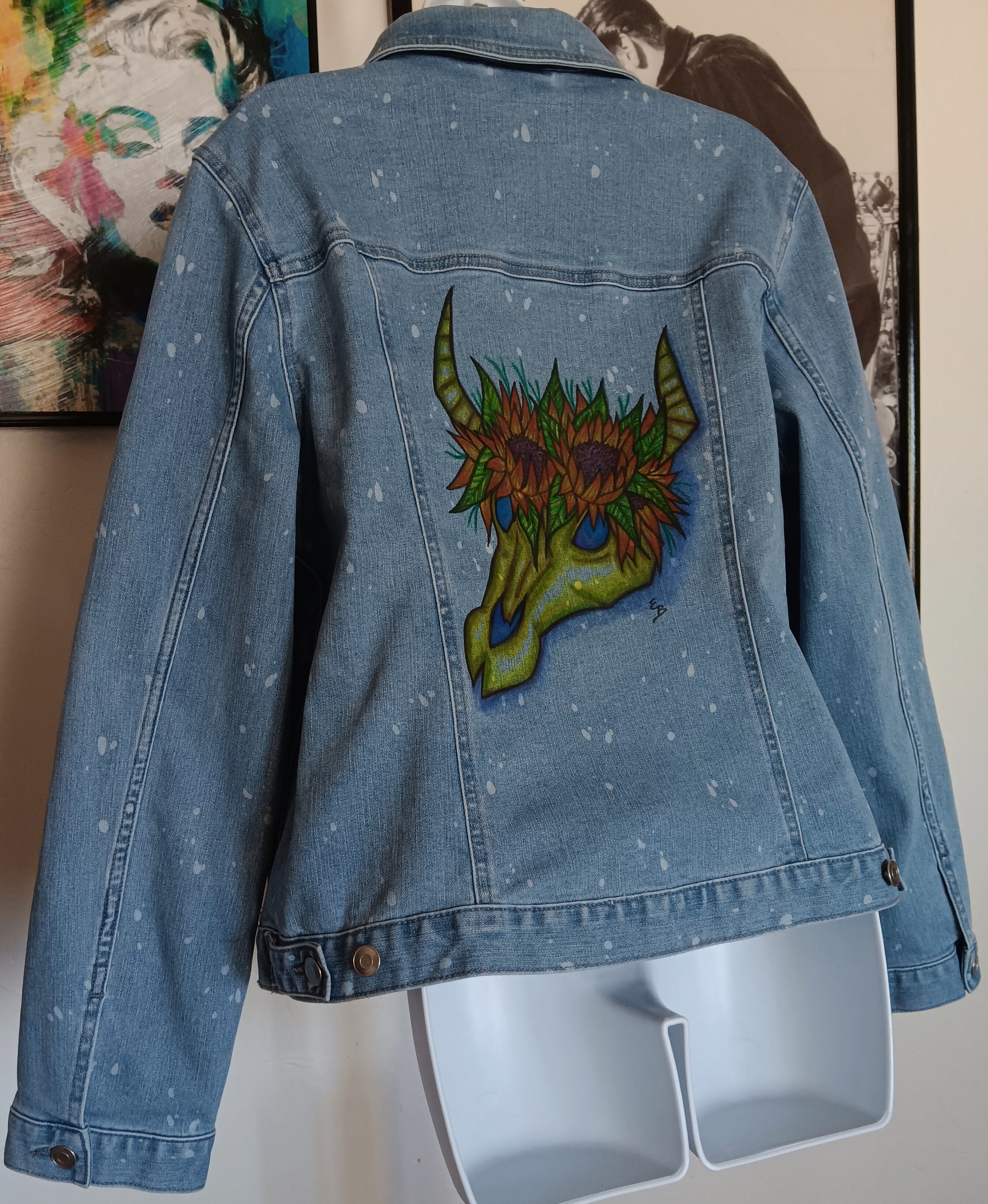 Hand-painted Cow Skull Denim Jacket: Sunflower Art, Women's XL - Etsy