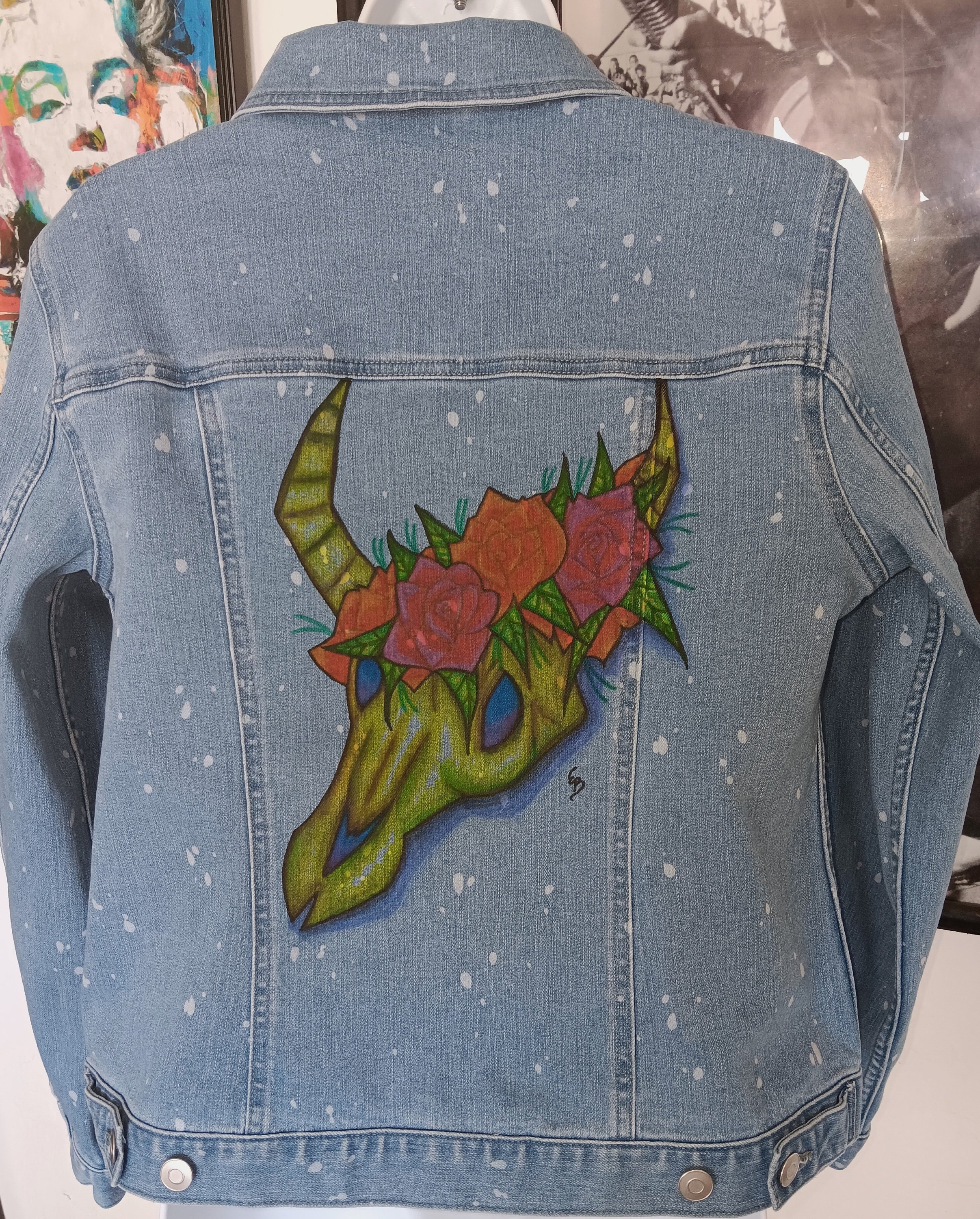 Hand Painted Jeans Jacket With Pink Roses and Yellow Cow Skull ...