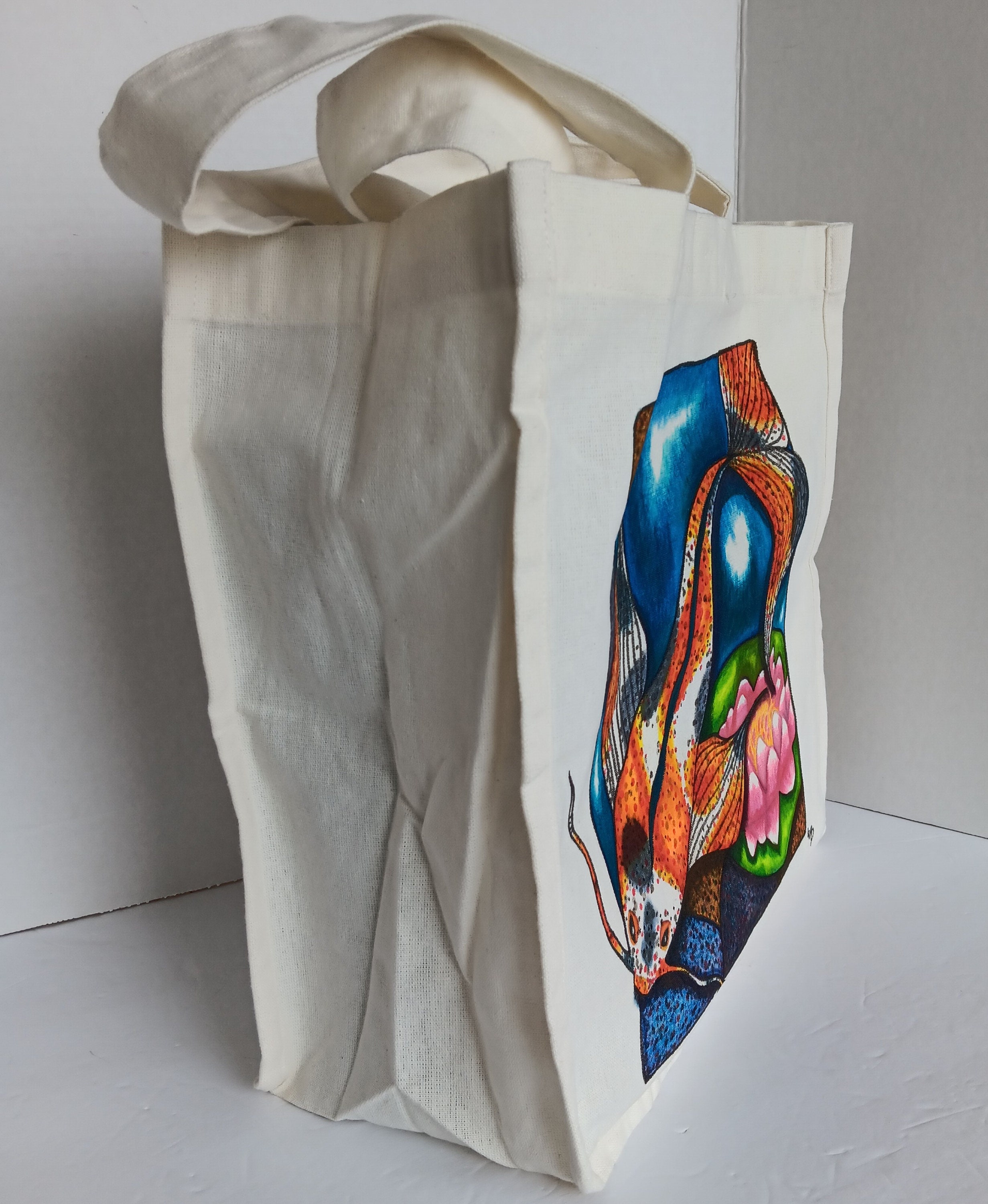 Koi Fish Tote Bag , Canvas Reusable Bag With Hand Drawn Orange and ...