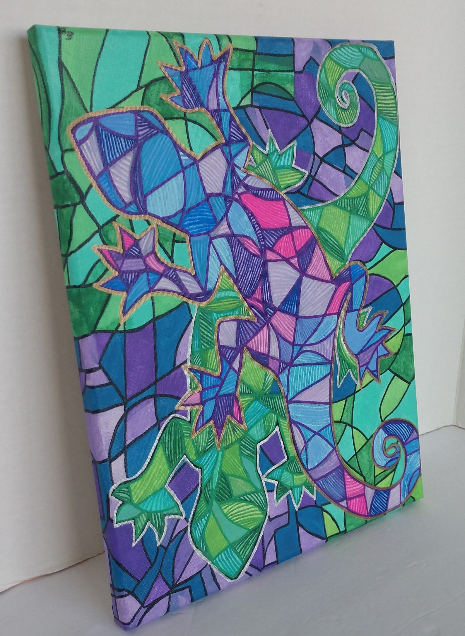 Painting of Geckos , Abstract Style Artwork of Purple and Green Geckos ...