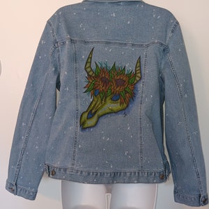 Stretch Jean Jacket With Hand Painted Cow Skull Sunflowers , Ladies ...
