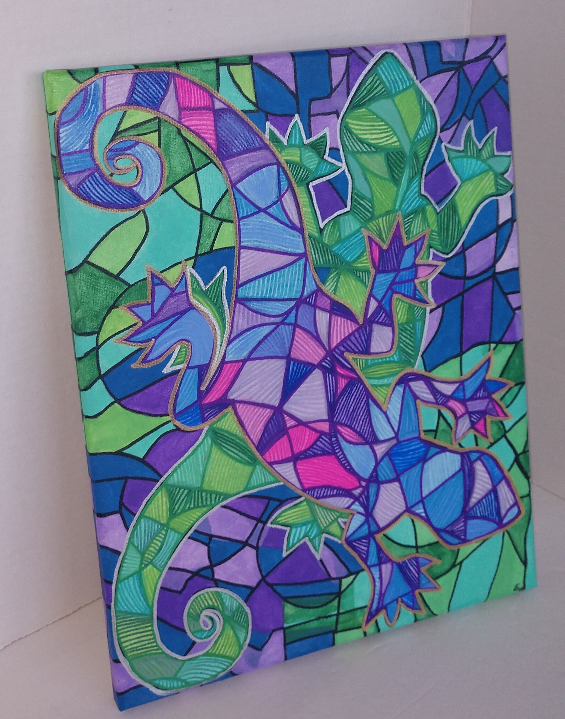 Painting of Geckos , Abstract Style Artwork of Purple and Green Geckos ...