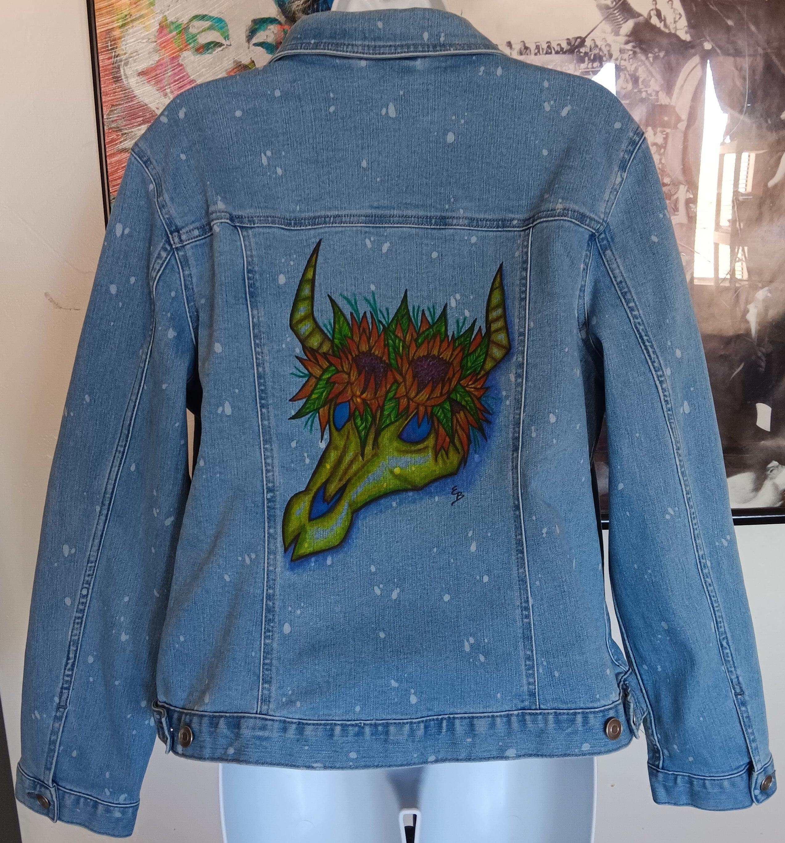 Stretch Jean Jacket With Hand Painted Cow Skull Sunflowers , Ladies ...