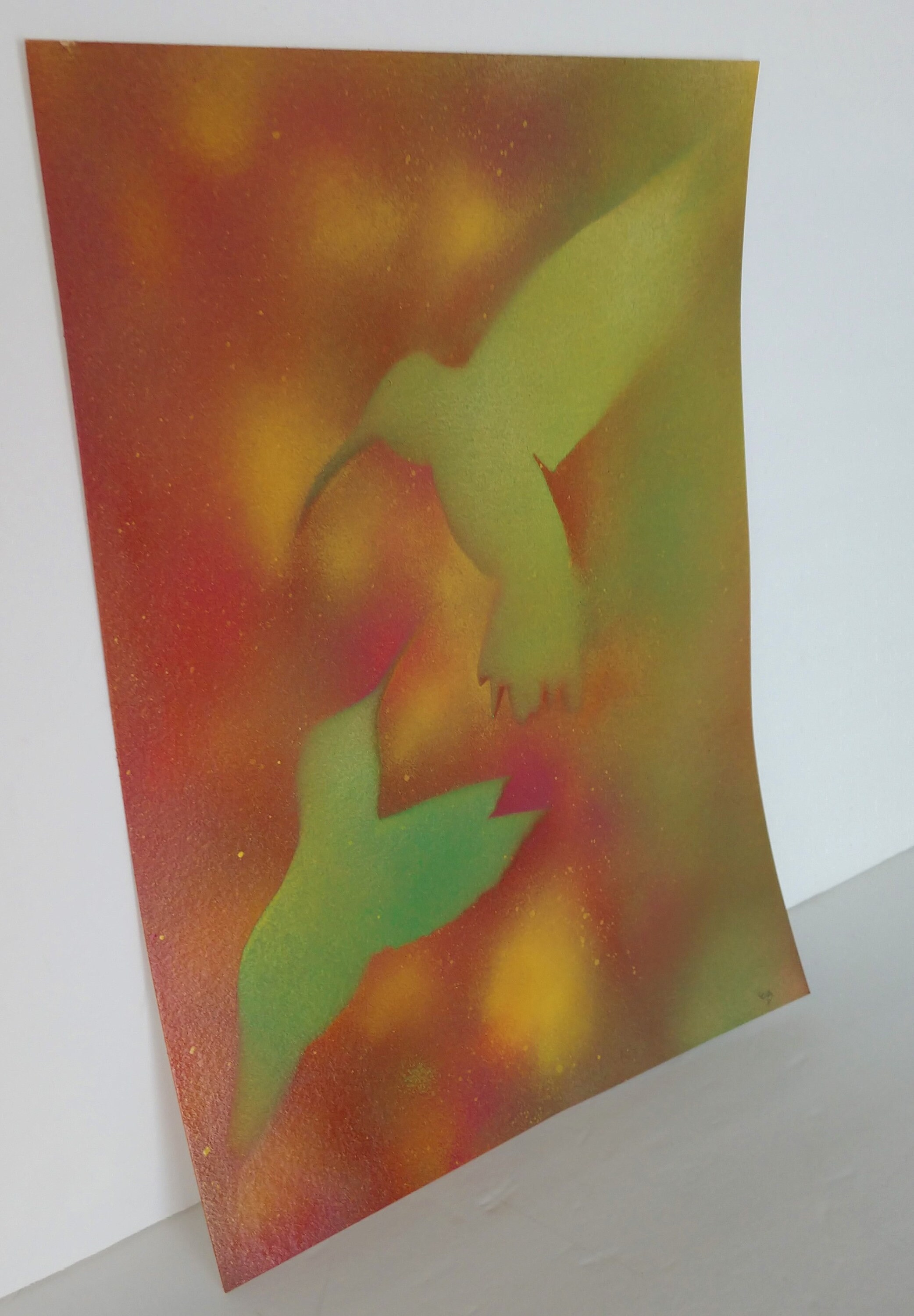 Abstract Painting of Two Green Hummingbirds in Yellow Pink and Red ...