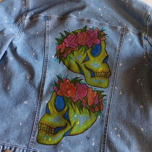 Custom Hand Painted Jean Jacket With Skulls and Roses , Stretch Denim ...