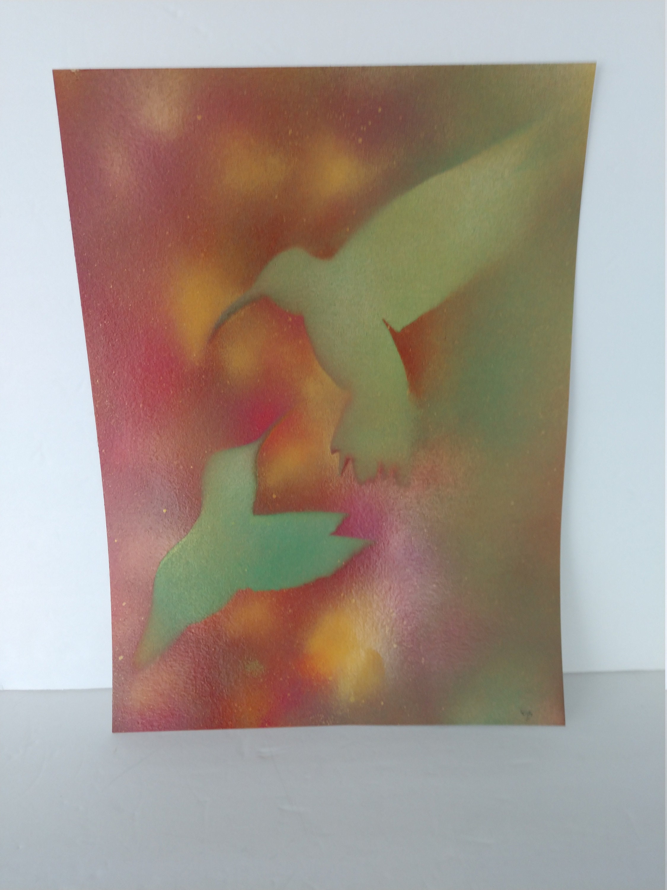 Abstract Painting of Two Green Hummingbirds in Yellow Pink and Red ...