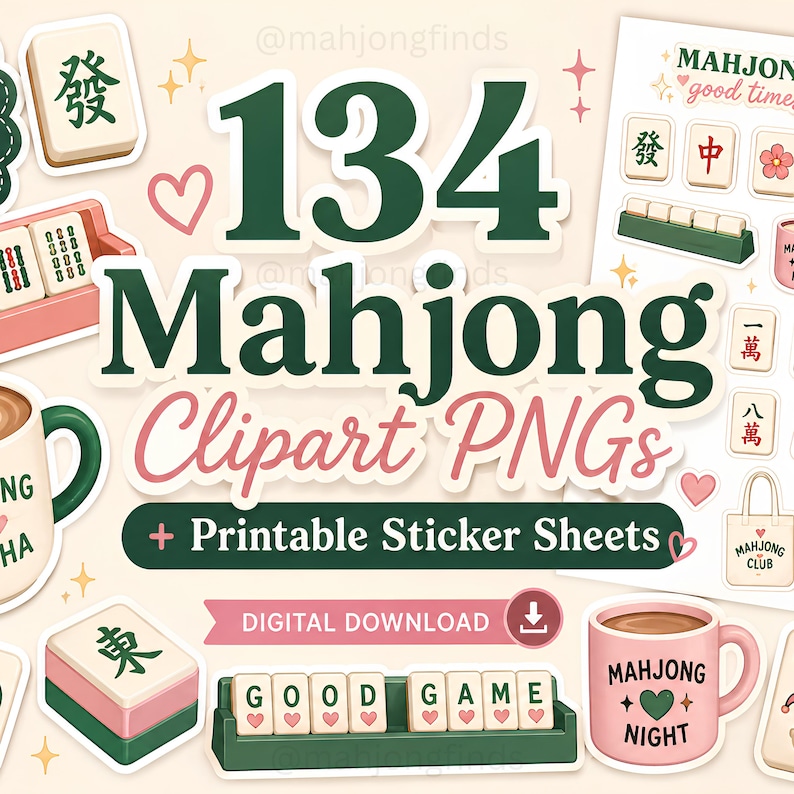 Mahjong Clipart PNG Bundle, Watercolor Style Stickers (digital Download ...