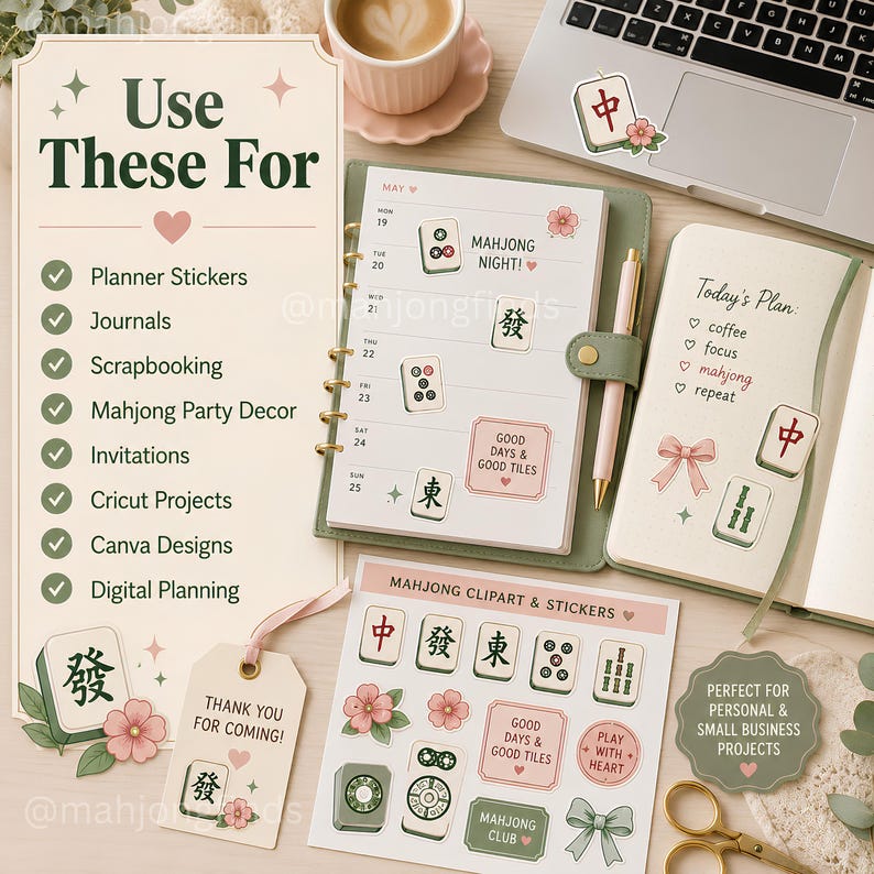 Mahjong Clipart PNG Bundle, Watercolor Style Stickers (digital Download ...
