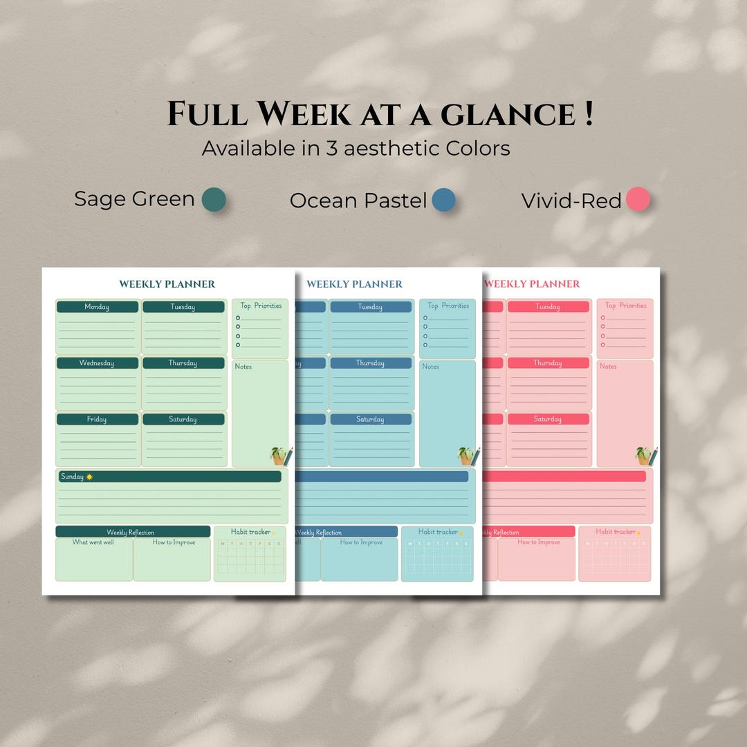 Weekly Planner Printable | Sage Green, Pastel & Bold | Minimlaist ...