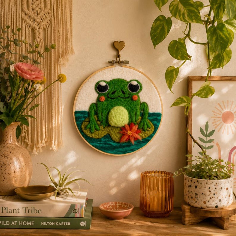 Frog Friend Felt Painting. One of a Kind Decor. Gifts for Her. - Etsy