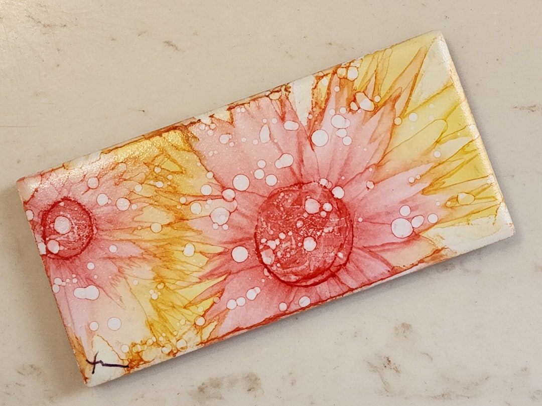 Coral and Gold, Floral Alcohol Ink Magnet - Etsy