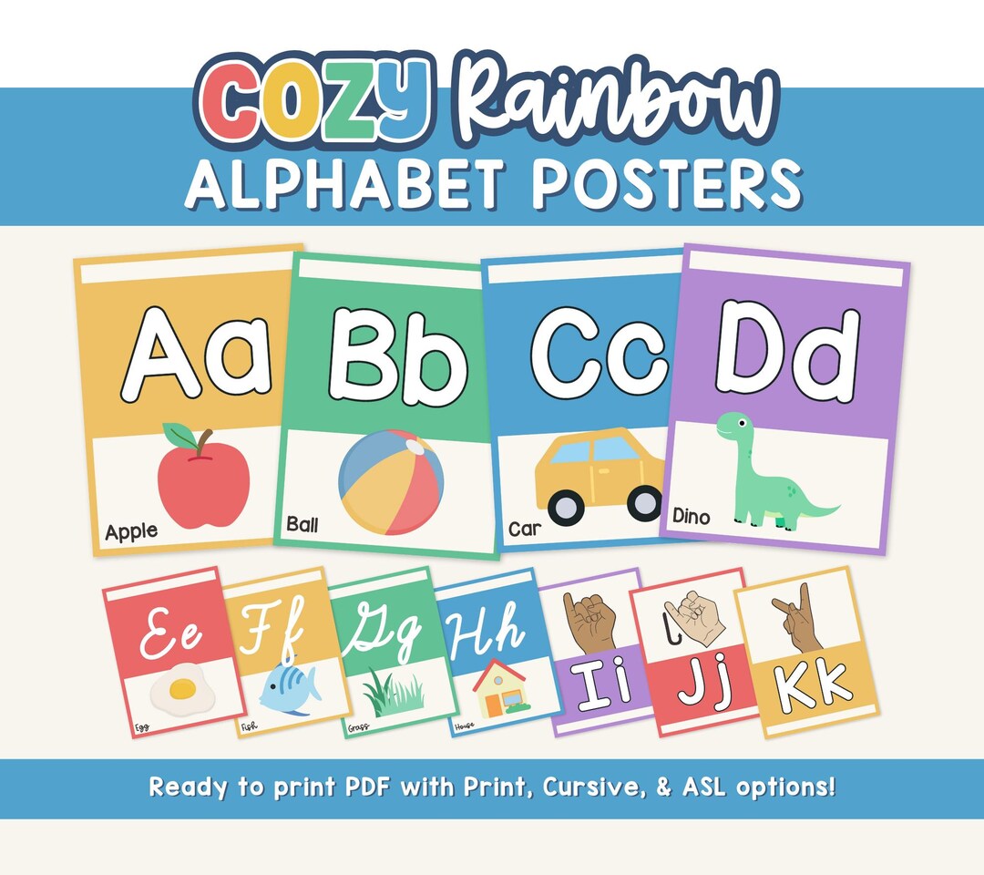 Cozy Rainbow Alphabet ABC Posters - Classroom Decor - Print, Cursive ...