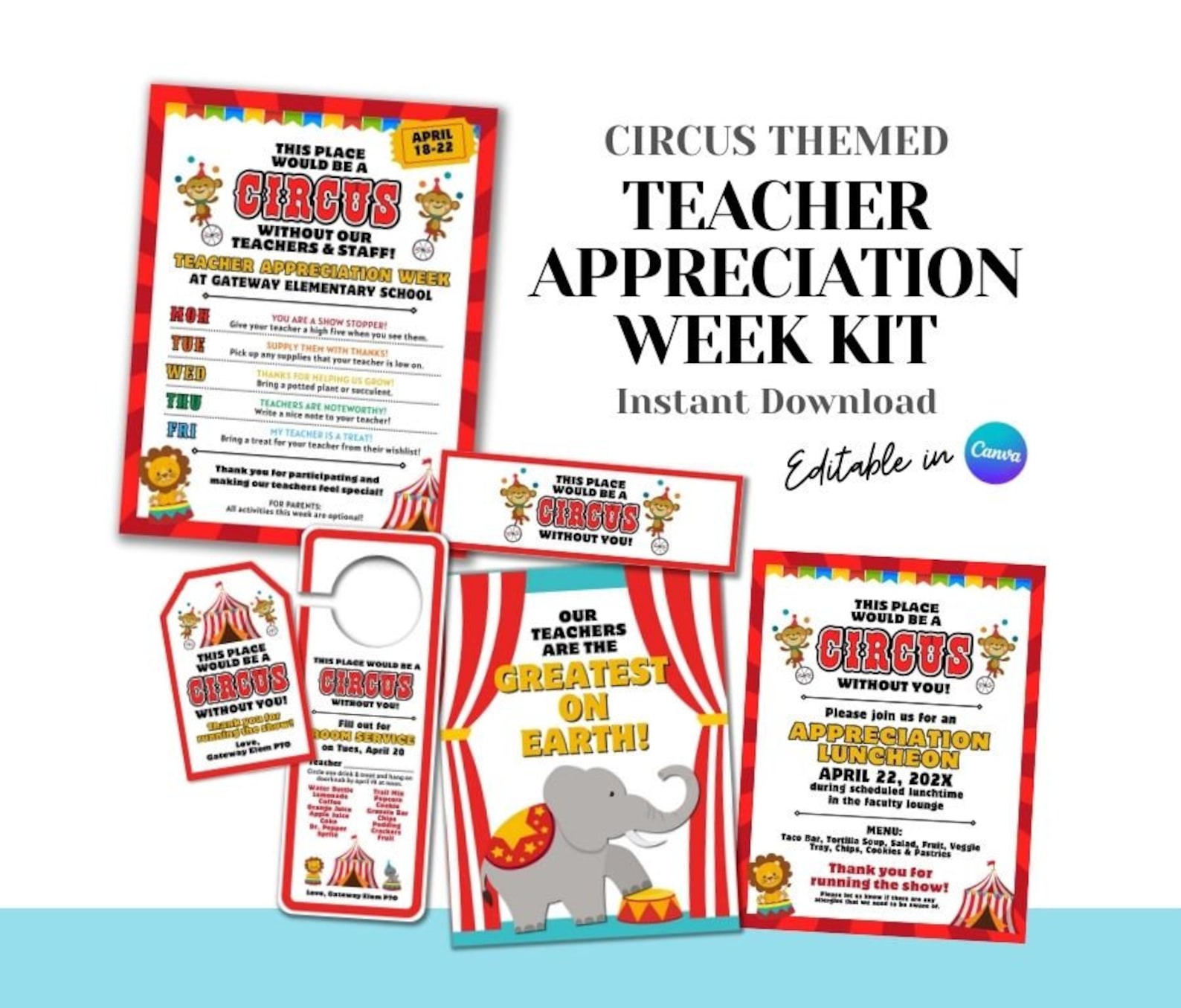 Circus Teacher Appreciation Week Kit: Editable Canva Template (digital ...