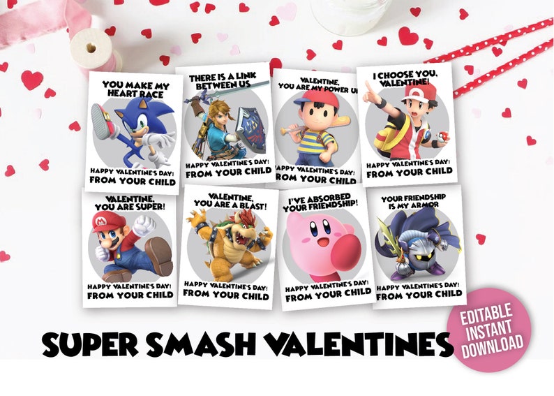 Editable Super Smash Valentines, Printable, DIY, Gamer, Boy, Girl ...