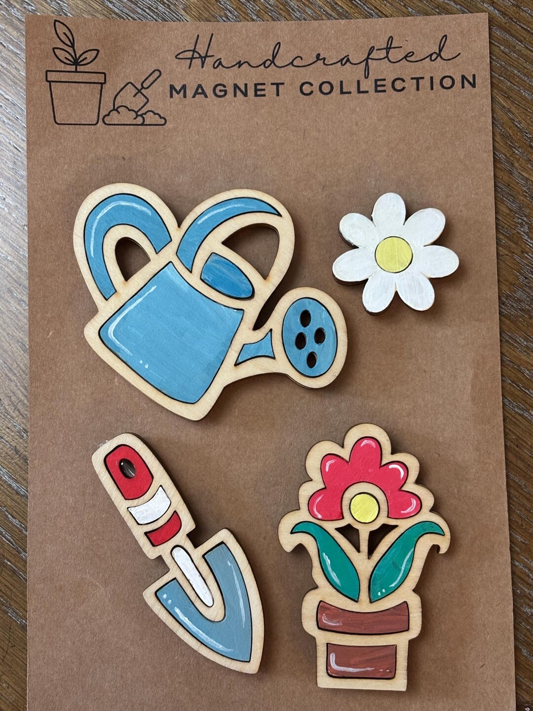 Handmade Garden Magnet Set: Wood Watering Can, Trowel, Flowers - Etsy