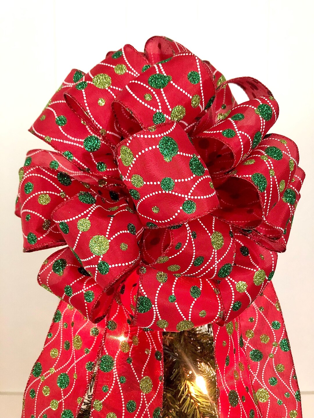 Christmas Tree Topper Red Satin W/glittery Green Tree Topper With 7 FT ...