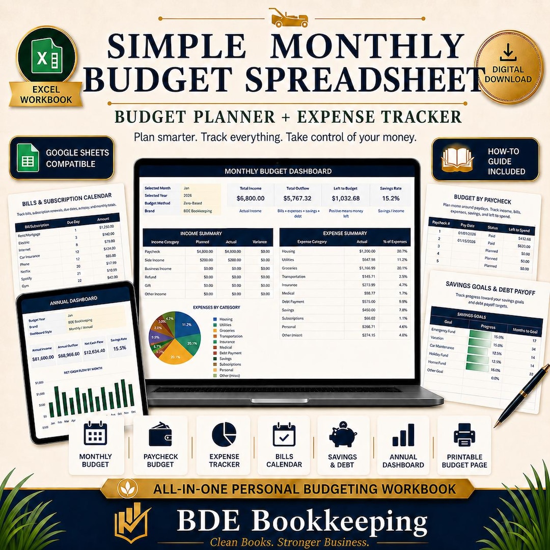 Monthly Budget Spreadsheet, Excel Planner, Google Sheets Expense ...