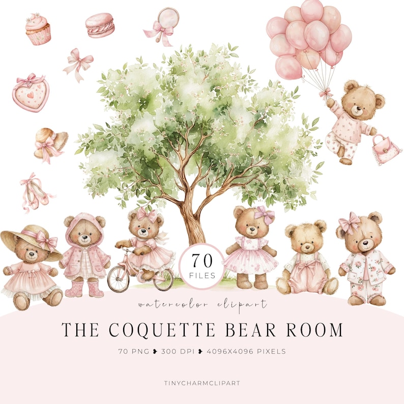 Watercolor Teddy Bear Clipart, Pink Nursery PNG, Coquette Baby Girl ...