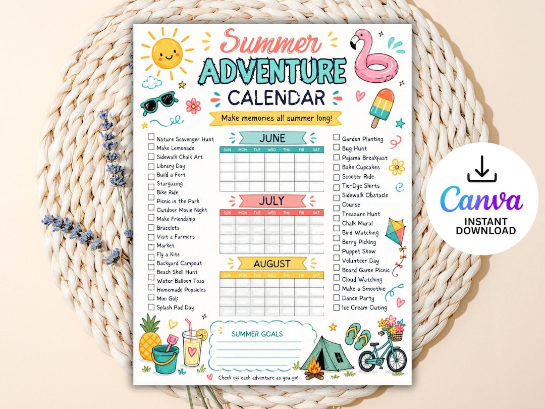 2026 Editable Summer Calendar Poster Summer Fun Bucket List Family ...