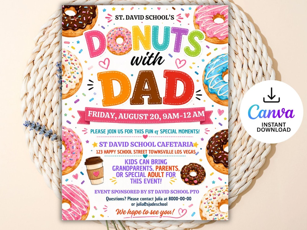 Donuts With Dad Flyer Template: Father's Day School Event (digital ...