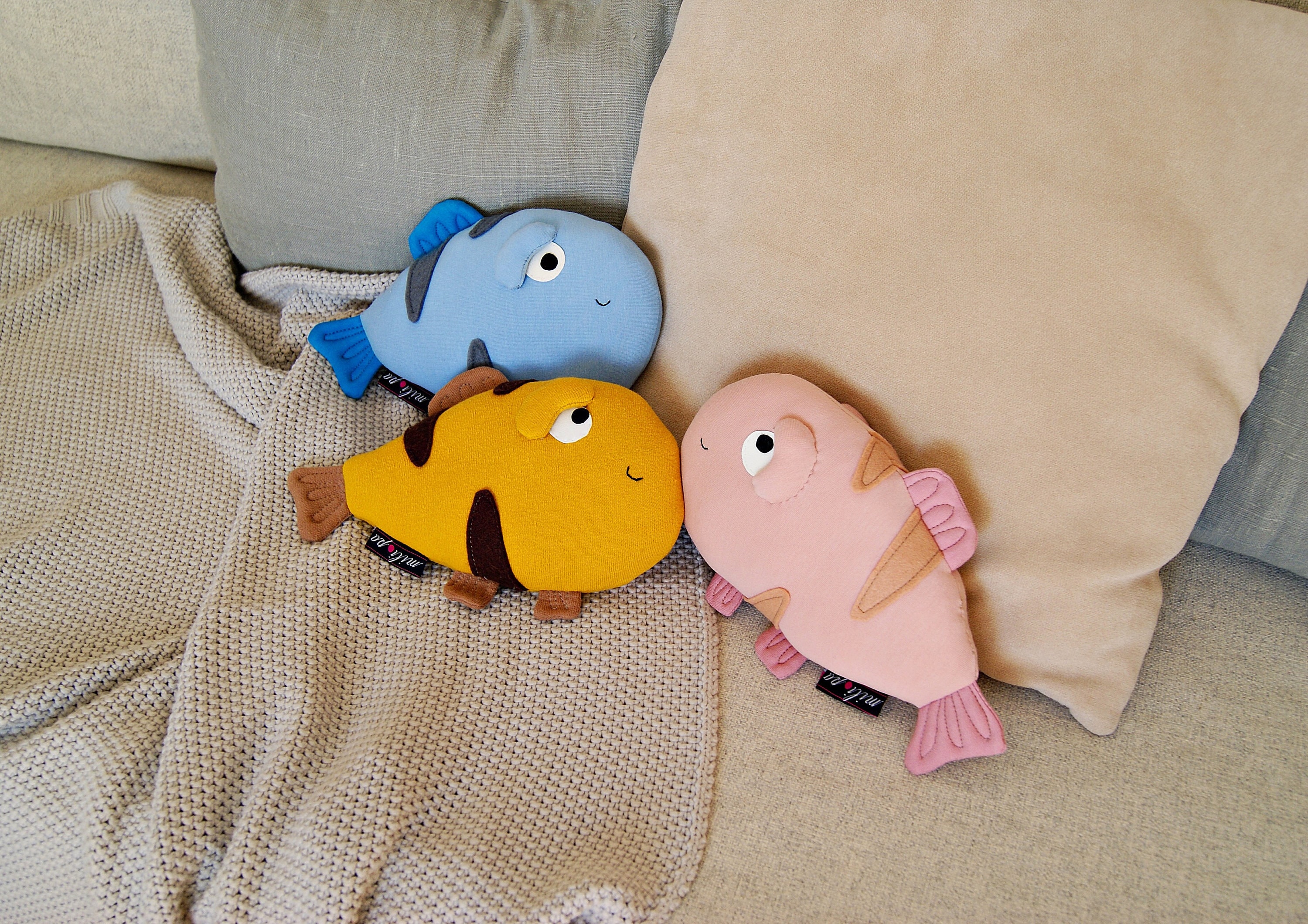 Set of 3 BABY FISH. Blue Yellow Gold Pale Pink Plush Fish. - Etsy
