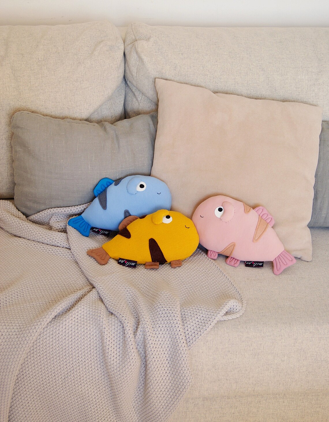 Set of 3 BABY FISH. Blue Yellow Gold Pale Pink Plush Fish. | Etsy