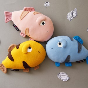 Set of 3 BABY FISH. Blue, Yellow Gold, Pale Pink Plush Fish. Nursery ...
