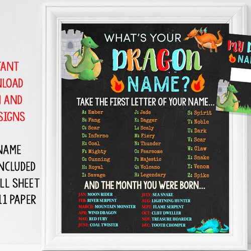 Dragon Name Game Dragon Birthday Dragon Party Sign Printable - Etsy