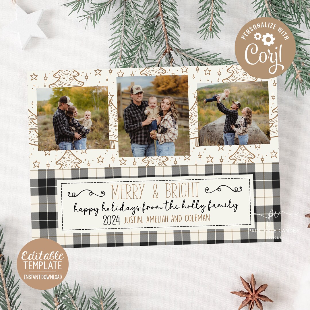 Editable Christmas Card Farmhouse Cream Black Plaid Holly 4 Photo Card ...